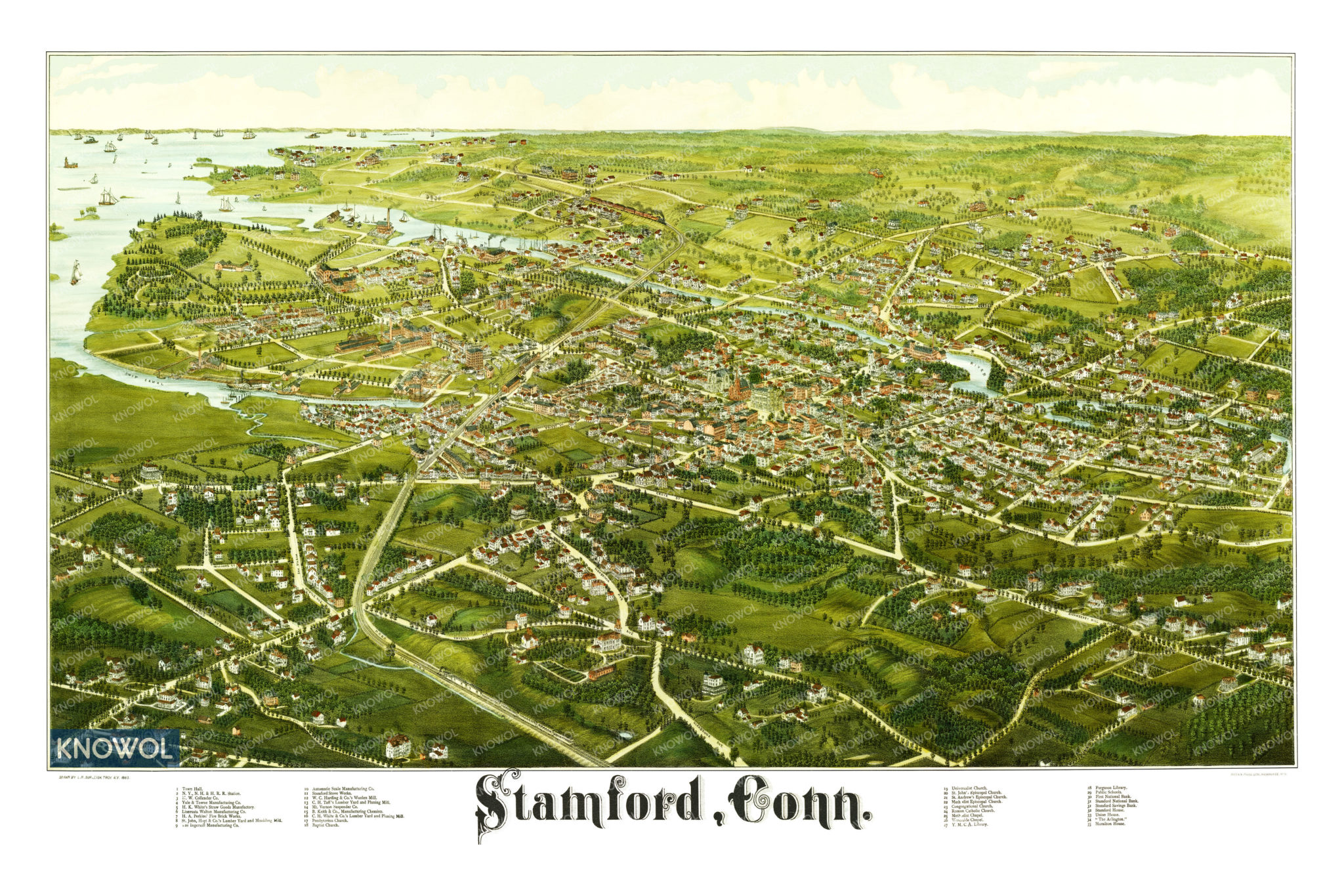 Beautiful hand drawn map of Stamford, Connecticut in 1883 - CT Restored